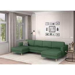 Wohnlandschaft Home Affaire, B:305cm H:83cm T:161cm, gr&uuml;n, 100% Polyester, Sofas, "Booster, whlw. mit Schlaffunktion & Bettkasten, Fu&szlig; Buche