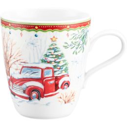Becher Seltmann Weiden "Life - Weihnachtsauto", wei&szlig;, bunt, B:9cm H:10,3cm &Oslash;:12,8cm, Porzellan, Trinkgef&auml;&szlig;e, Becher, Becher mit Henkel 0,40 l und weihnachtlichem Dekor