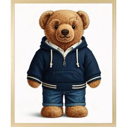 Bild mit Rahmen queence, B:50cm H:70cm T:1,5cmfarbe rahmen: beige, farbe bild(er): blau, Acrylglas, Holzrahmen, Wohnzimmer, Bilder, "Teddy B&auml;r mit