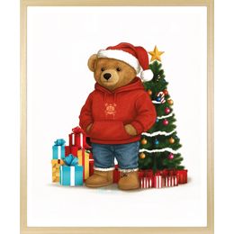 Bild mit Rahmen queence, B:40cm H:50cm T:1,5cmfarbe rahmen: beige, farbe bild(er): rot, Acrylglas, Holzrahmen, Wohnzimmer, Bilder, "Teddy B&auml;r mit