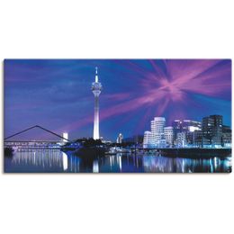 Leinwandbild Artland, B:100cm H:50cm T:1,8cm, blau, Leinwand, Wohnzimmer, Bilder, "D&uuml;sseldorf Skyline Abstrakte Collage", auf Holzrahmen gespannt