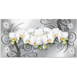 Wandbild Artland, B:150cm H:75cm, grau, Wohnzimmer, Bilder, "wei&szlig;e Orchideen auf Ornamenten", als Alubild, Leinwandbild, Poster in verschied. Gr&ouml;&szlig;en