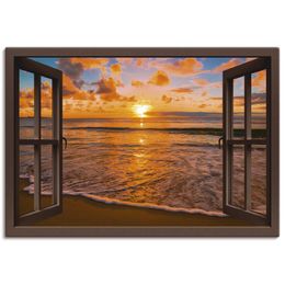 Wandbild Artland, B:100cm H:70cm, braun, Leinwand, Wohnzimmer, Bilder, "Fensterblick Sonnenuntergang am Strand", als Leinwandbild, Poster in