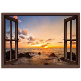 Wandbild Artland, B:100cm H:70cm, braun, Wohnzimmer, Bilder, "Fensterblick Sonnenuntergang am Meer", als Alubild, Leinwandbild in verschied. Gr&ouml;&szlig;en