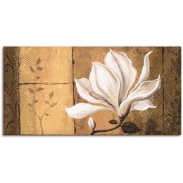 Leinwandbild Artland, B:100cm H:50cm T:1,8cm, beige, Leinwand, Wohnzimmer, Bilder, "Magnolie an Gold-Braun", auf Holzrahmen gespannt