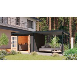 Gartenhaus Karibu, grau, Holzwerkstoff, Gartenh&auml;user, ""Plutino B" SET, Anbaudach 3 m Breite", aus nordischer Fichte, mit Stahlecken und