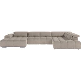 Wohnlandschaft COTTA, B:409cm H:73cm T:225cmplatinum, 100% Polyester, Sofas, "Orion U-Form", mit Kopfteilverstellung & 6 Nierenkissen