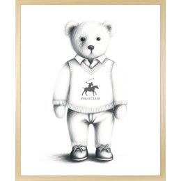 Bild mit Rahmen queence, B:50cm H:70cm T:1,5cm, wei&szlig;, Acrylglas, Holzrahmen, Wohnzimmer, Bilder, "Vintage Polo Teddy B&auml;r in Pullunder", HD Premium