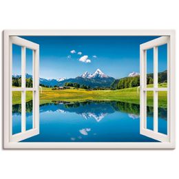 Wandbild Artland, B:70cm H:50cm T:1,8cm, blau, Leinwand, Wohnzimmer, Bilder, "Fensterblick Alpen und Bergsee", als Leinwandbild, Poster in verschied.