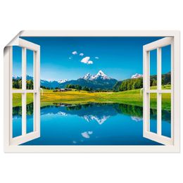 Wandbild Artland, B:70cm H:50cm T:0,1cm, blau, Papier, Wohnzimmer, Bilder, "Fensterblick Alpen und Bergsee", als Leinwandbild, Poster in verschied.