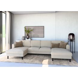 Wohnlandschaft Home Affaire, B:305cm H:83cm T:161cmwollwei&szlig;, 100% Polyester, Sofas, "Booster II, whlw. mit Schlaffunktion & Bettkasten, Fu&szlig; schwarz",