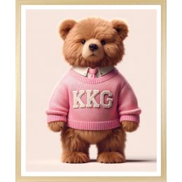 Bild mit Rahmen queence, B:30cm H:40cm T:1,5cm, pink, Acrylglas, Holzrahmen, Wohnzimmer, Bilder, "Vintage Teddy B&auml;r M&auml;dchen mit Krawatte in rosa", HD