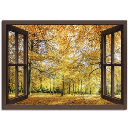 Leinwandbild Artland, B:130cm H:90cm, braun, Leinwand, Wohnzimmer, Bilder, "Fensterblick - Herbstwald Panorama", auf Holzrahmen gespannt
