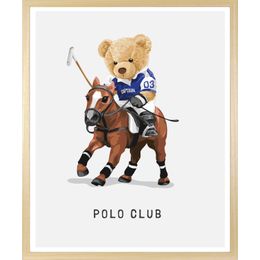 Bild mit Rahmen queence, B:40cm H:50cm T:1,5cm, wei&szlig;, Acrylglas, Holzrahmen, Wohnzimmer, Bilder, "Polo Club Teddy B&auml;r auf Pferd", HD Premium