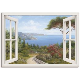 Wandbild Artland, B:130cm H:90cm, wei&szlig;, Leinwand, Wohnzimmer, Bilder, "Fensterblick - Haus am Meer I", als Leinwandbild, Poster in verschied. Gr&ouml;&szlig;en