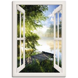 Wandbild Artland, B:70cm H:100cm, wei&szlig;, Wohnzimmer, Bilder, "Fensterblick Angelsteg am Fluss", als Alubild, Leinwandbild, Poster in verschied. Gr&ouml;&szlig;en