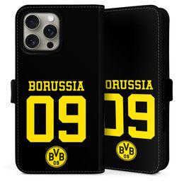 DeinDesign iPhone 16 Pro Handy Klapph&uuml;lle Handyh&uuml;lle aus Kunst Leder schwarz Flip Case Jersey Bvb Borussia Dortmund Sideflip mit Lasche