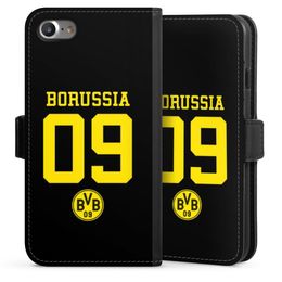 DeinDesign iPhone SE (2022) Handy Klapph&uuml;lle Handyh&uuml;lle aus Kunst Leder schwarz Flip Case Bvb Jersey Borussia Dortmund Sideflip mit Lasche