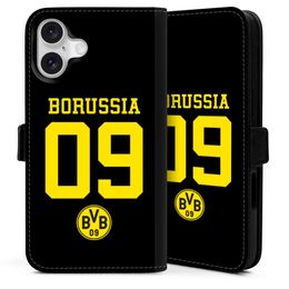 DeinDesign iPhone 16 Plus Handy Klapph&uuml;lle Handyh&uuml;lle aus Kunst Leder schwarz Flip Case Jersey Bvb Borussia Dortmund Sideflip mit Lasche