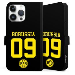 DeinDesign iPhone 14 Pro Max Handy Klapph&uuml;lle Handyh&uuml;lle aus Kunst Leder schwarz Flip Case Jersey Bvb Borussia Dortmund Sideflip mit Lasche