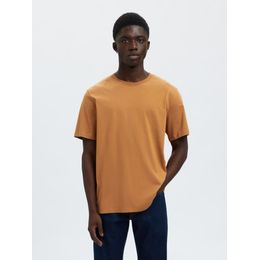 Rundhalsshirt Selected "SLHASPEN SS O-NECK TEE NOOS", Herren, Gr. L, braun (chipmunk), Jersey, Obermaterial: 100% Baumwolle, unifarben, regular fit normal, Rundhals, Shirts Rundhalsshirt