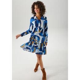 Tunikakleid Aniston CASUAL, Damen, Gr. 36, N-Gr, marine, royalblau, hellblau, wollwei&szlig;, dunkelbeige, Web, Obermaterial: 100% Viskose, bedruckt, gemustert, l&auml;ssig geschnitten knieumspielend, V-Ausschnitt, 1-Knopf-Manschette, Kleider, mit gro&szlig;fl&auml;chigem, grafischen Druck