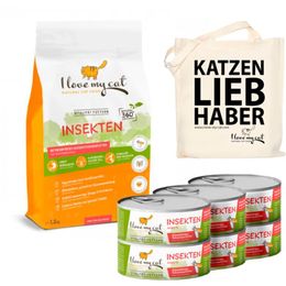 Sparset Insektenprotein f&uuml;r Katzen - Trockenfutter mit Insektenprotein + Nassfutter mit Insekten + Jutebeutel