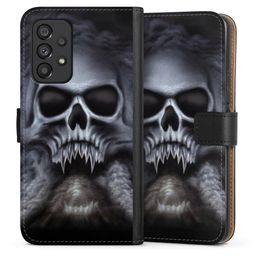 DeinDesign Galaxy A53 5G Handy Klapph&uuml;lle Handyh&uuml;lle aus Kunst Leder schwarz Flip Case Halloween Totenkopf Skull Sideflip mit langer Lasche