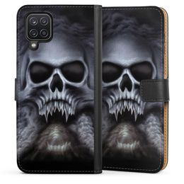 DeinDesign Galaxy A12 Handy Klapph&uuml;lle Handyh&uuml;lle aus Kunst Leder schwarz Flip Case Halloween Totenkopf Skull Sideflip mit langer Lasche