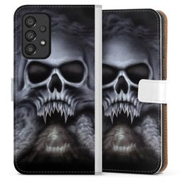 DeinDesign Galaxy A33 5G Handy Klapph&uuml;lle Handyh&uuml;lle aus Kunst Leder wei&szlig; Flip Case Halloween Totenkopf Skull Sideflip mit Lasche