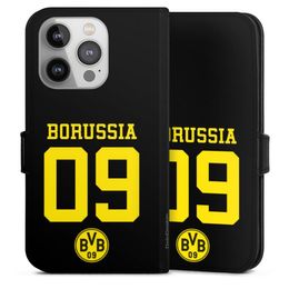 DeinDesign iPhone 14 Pro Handy Klapph&uuml;lle Handyh&uuml;lle aus Kunst Leder schwarz Flip Case Jersey Bvb Borussia Dortmund Sideflip mit langer Lasche
