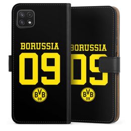 DeinDesign Galaxy A22 5G Handy Klapph&uuml;lle Handyh&uuml;lle aus Kunst Leder schwarz Flip Case Jersey Borussia Dortmund Bvb Sideflip mit langer Lasche