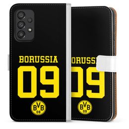 DeinDesign Galaxy A33 5G Handy Klapph&uuml;lle Handyh&uuml;lle aus Kunst Leder wei&szlig; Flip Case Jersey Borussia Dortmund Bvb Sideflip mit Lasche