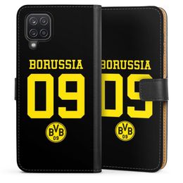 DeinDesign Galaxy A12 Handy Klapph&uuml;lle Handyh&uuml;lle aus Kunst Leder schwarz Flip Case Jersey Borussia Dortmund Bvb Sideflip mit langer Lasche