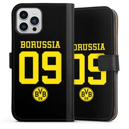 DeinDesign iPhone 13 Pro Max Handy Klapph&uuml;lle Handyh&uuml;lle aus Kunst Leder schwarz Flip Case Jersey Bvb Borussia Dortmund Sideflip mit langer Lasche