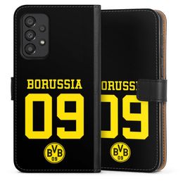 DeinDesign Galaxy A33 5G Handy Klapph&uuml;lle Handyh&uuml;lle aus Kunst Leder schwarz Flip Case Jersey Borussia Dortmund Bvb Sideflip mit langer Lasche