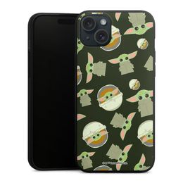 DeinDesign iPhone 15 Plus Handy Premium Silikon H&uuml;lle Handyh&uuml;lle schwarz Case Official Licensed Product Star Wars Muster Baby Yoda Silikon Premium Case