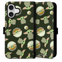 DeinDesign iPhone 16 Handy Klapph&uuml;lle Handyh&uuml;lle aus Kunst Leder schwarz Flip Case Official Licensed Product Star Wars Muster Baby Yoda Sideflip mit Lasche