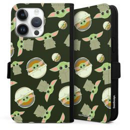DeinDesign iPhone 14 Pro Max Handy Klapph&uuml;lle Handyh&uuml;lle aus Kunst Leder schwarz Flip Case Official Licensed Product Star Wars Muster Baby Yoda Sideflip mit 