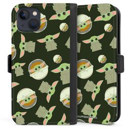 DeinDesign iPhone 13 Handy Klapph&uuml;lle Handyh&uuml;lle aus Kunst Leder schwarz Flip Case Official Licensed Product Star Wars Muster Baby Yoda Sideflip mit Lasche