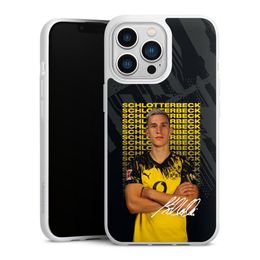 DeinDesign iPhone 13 Pro Handy Silikon H&uuml;lle Case wei&szlig; Handyh&uuml;lle Borussia Dortmund Nico Schlotterbeck Bvb Silikon Case