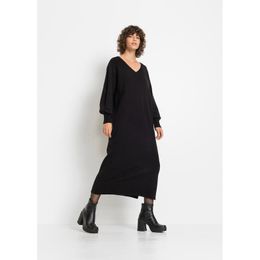 bonprix Damen bonprix Strickkleid &raquo;Oversized Strickkleid in Midil&auml;nge&laquo; Oversized Strickkleid in Midil&auml;nge mit Ballon&auml;rmeln und V-Ausschnitt schwarz 36