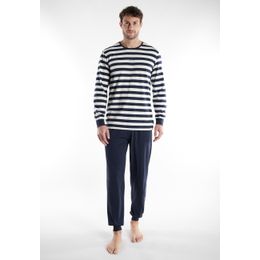 Schlafanzug Tom Tailor "Milos", Herren, Gr. 50 (M), blau (blau, mittel, ringel), Obermaterial: 100% Baumwolle, gestreift, bequem normal, Rundhals, breiter Bund, Homewear-Sets Schlafanzug, Langarm, Rundhalsausschnitt, gestreift, basic, Baumwolle