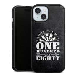 DeinDesign iPhone 15 Handy Gallery Case Handyh&uuml;lle 9H Geh&auml;rtetes Glas R&uuml;ckseite H&uuml;lle Sports Darts Spruch Gallery Case