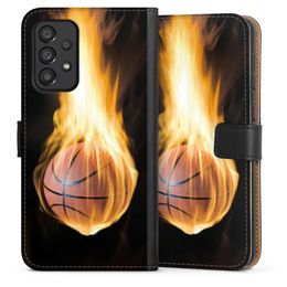 DeinDesign Galaxy A33 5G Handy Klapph&uuml;lle Handyh&uuml;lle aus Kunst Leder schwarz Flip Case Fire Sports Basketball Sideflip mit langer Lasche