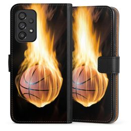 DeinDesign Galaxy A53 5G Handy Klapph&uuml;lle Handyh&uuml;lle aus Kunst Leder schwarz Flip Case Fire Sports Basketball Sideflip mit langer Lasche