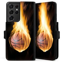 DeinDesign Galaxy S21 Ultra 5G Handy Klapph&uuml;lle Handyh&uuml;lle aus Kunst Leder schwarz Flip Case Sports Basketball Fire Sideflip mit Lasche