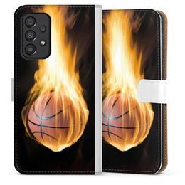 DeinDesign Galaxy A33 5G Handy Klapph&uuml;lle Handyh&uuml;lle aus Kunst Leder wei&szlig; Flip Case Fire Sports Basketball Sideflip mit Lasche