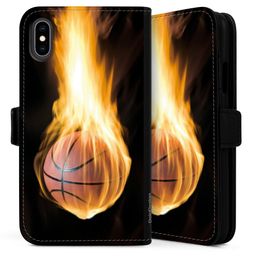 DeinDesign iPhone X Handy Klapph&uuml;lle Handyh&uuml;lle aus Kunst Leder schwarz Flip Case Sports Basketball Fire Sideflip mit langer Lasche