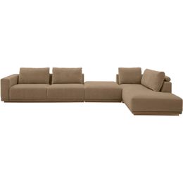 Wohnlandschaft Musterring, B:395cm H:78cm T:202cmmessing, 100% Polyester, Sofas, Anreihsofa mit Armlehne links, Eckteil rechts mit Kissen & Hocker